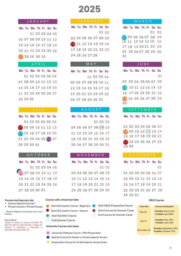 Course calendar - Hispania, escuela de español